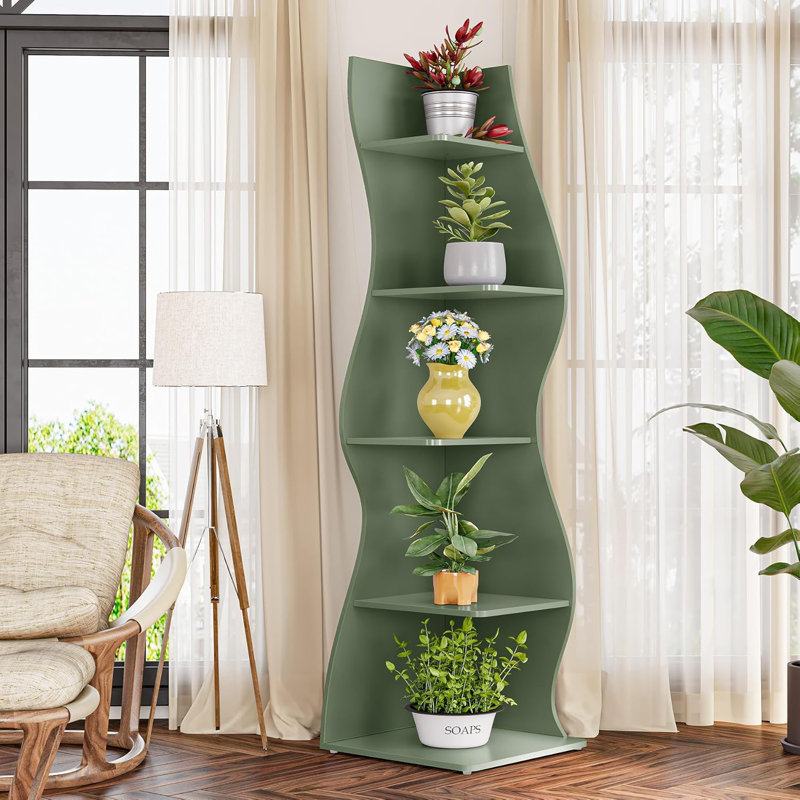 Small Corner Shelf Modern 5 Tier Wall Corner Bookshelf Stylish Bookcase Storage Rack For Small Space Living Room Bedroom Green